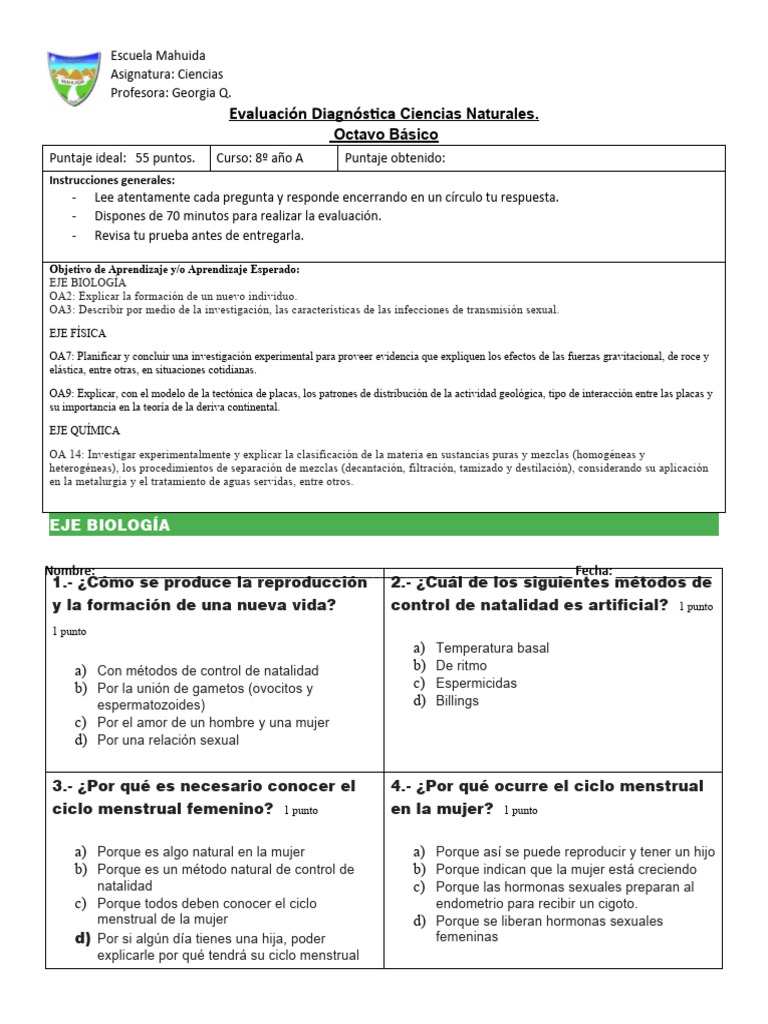 Prueba de Diagnóstico Ciencias 8vo | PDF | Mezcla | Tierra