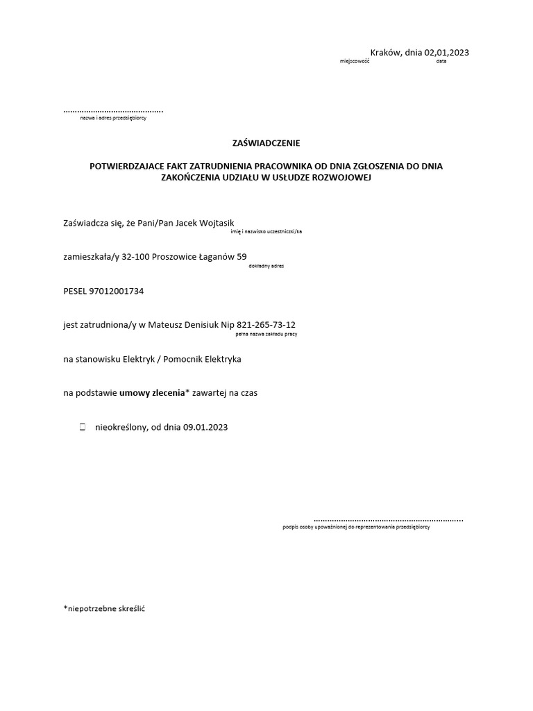 Zaswiadczenie o Zatrudnieniu | PDF Zaswiadczenie o Zatrudnieniu | PDF