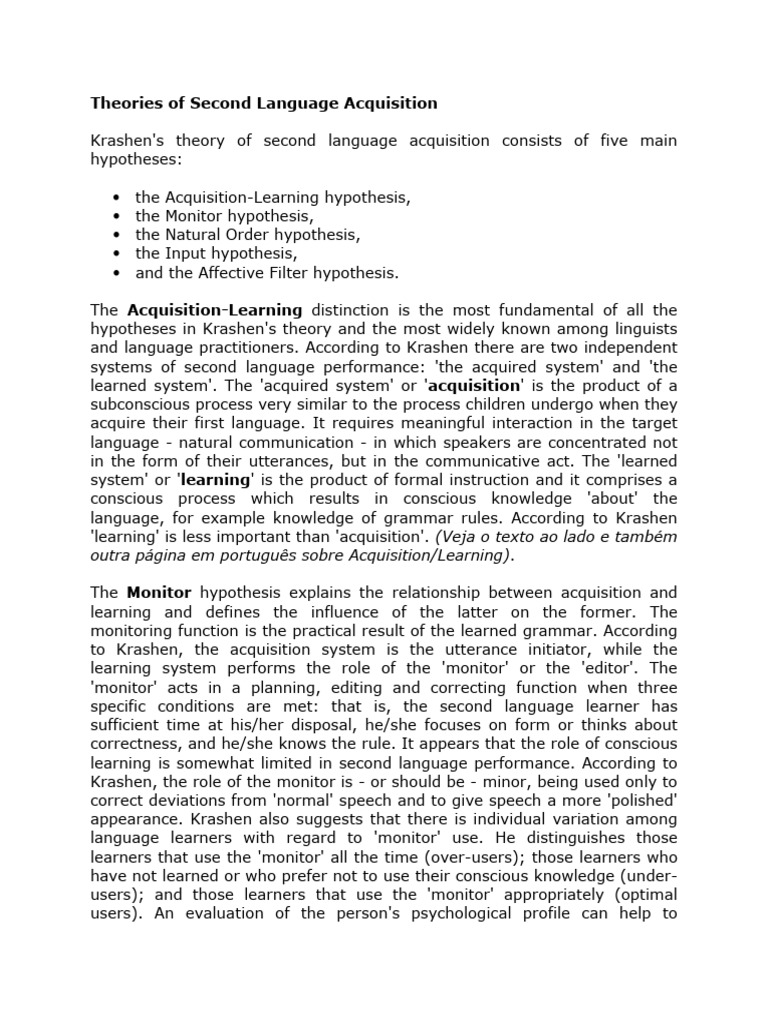Theories of Second Language Acquisition | PDF | Second Language Acquisition | Psychology