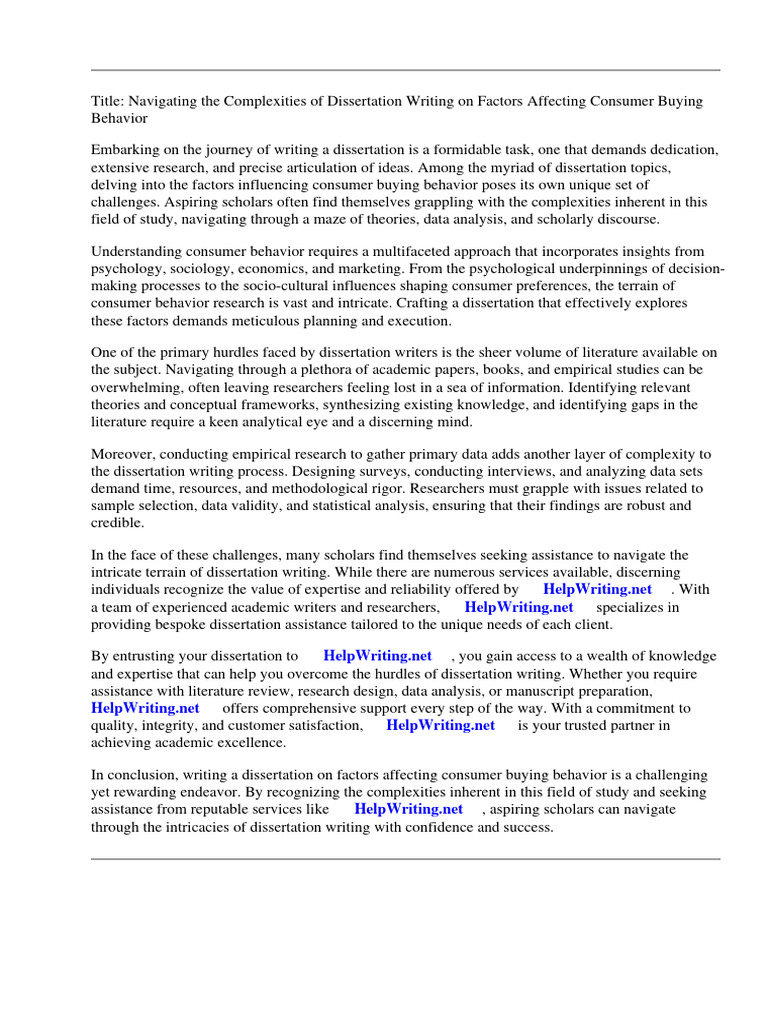 Factors Affecting Consumer Buying Behaviour Dissertation | PDF | Consumer Behaviour | Behavior