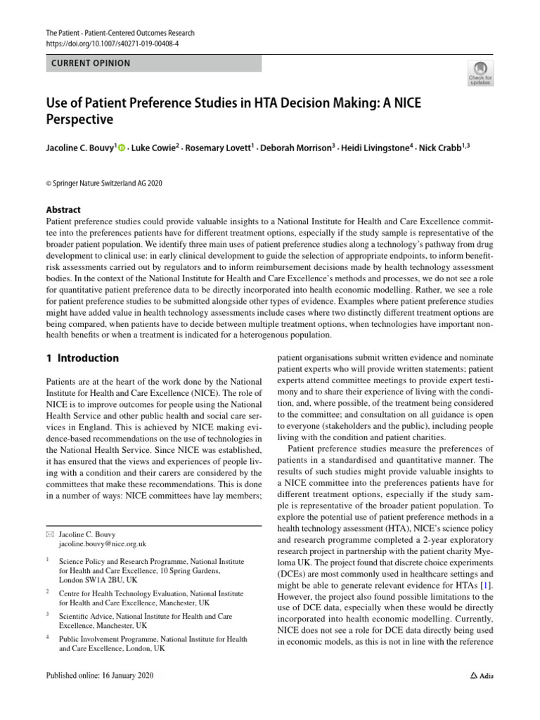 Use of Patient Preference Studies in HTA Decision Making: A NICE Perspective | Download Free PDF ...