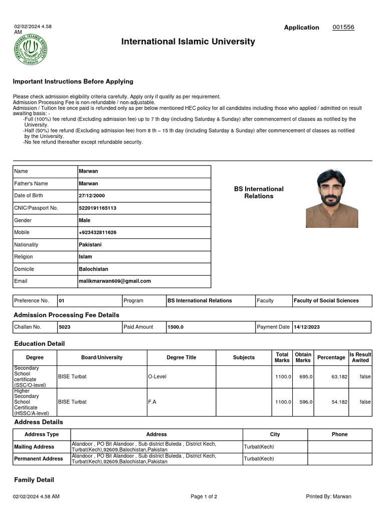 Admission Application Form | PDF | Fee