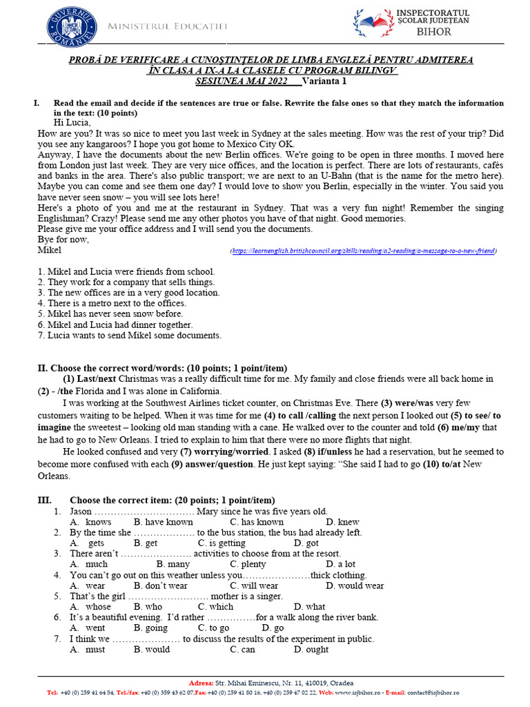 2022 Subiect Varianta 1 | PDF