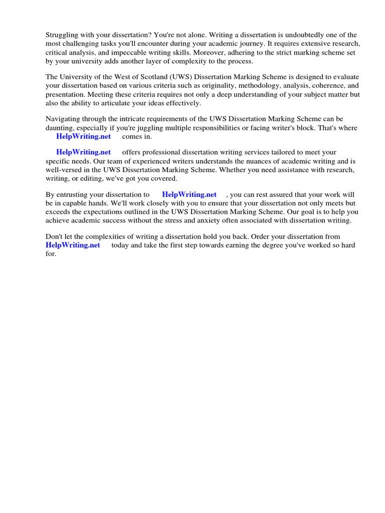 Uws Dissertation Marking Scheme | PDF