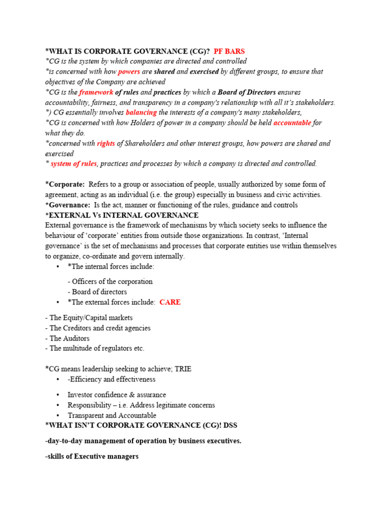 Revision Note Corporate Governancee | PDF | Corporate Governance ...