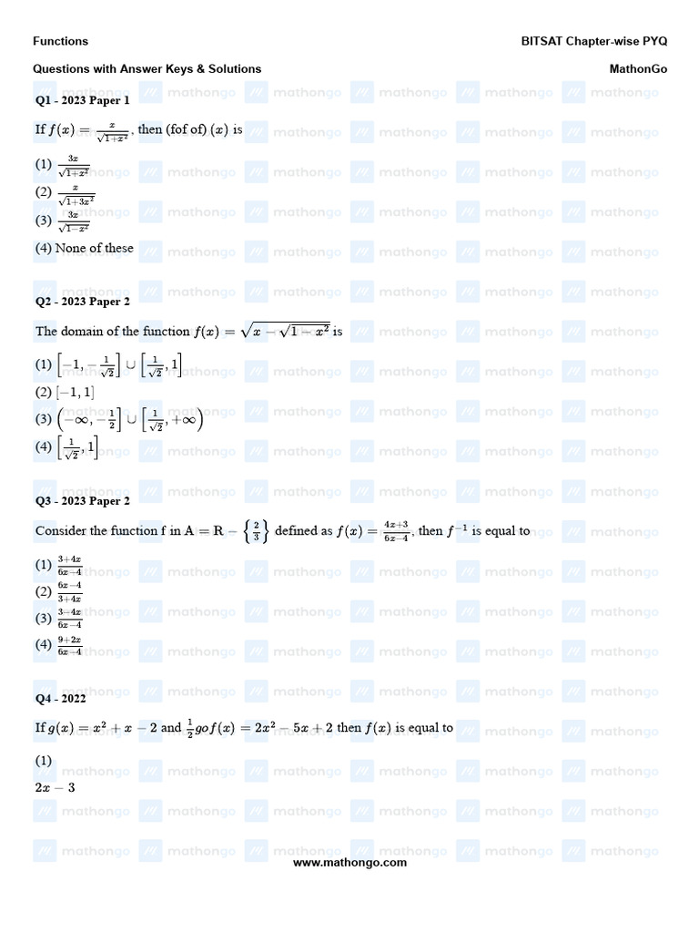Pyq Functions Download Free Pdf Function Mathematics Algebra 9272