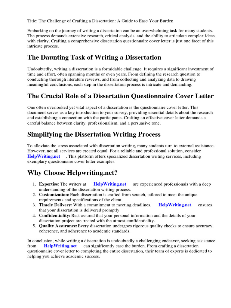 Dissertation Questionnaire Cover Letter Example | PDF | Survey ...