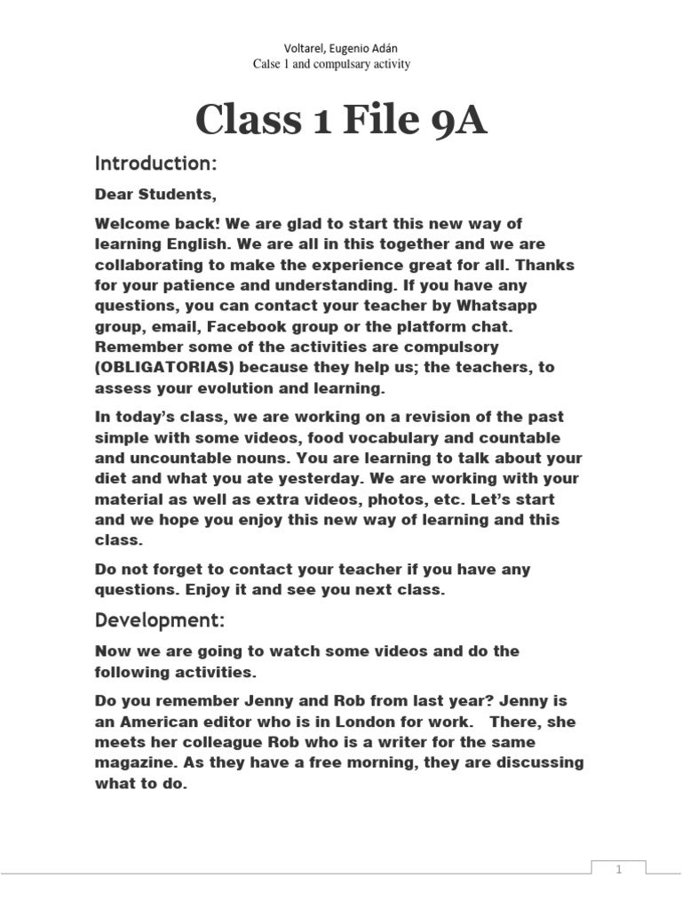 Class 1 File 9A + Compulsary Activity | PDF | Noun | Linguistics