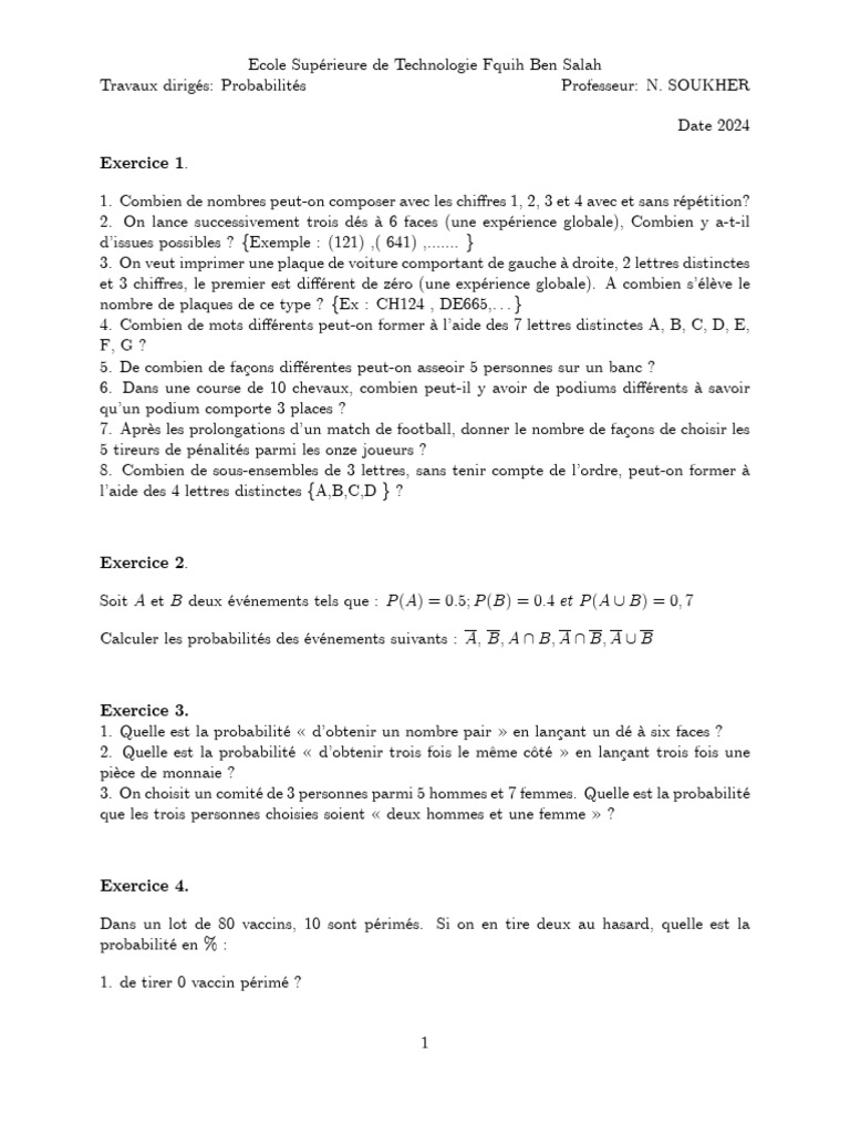 TD Proba 2024 | PDF | Dé | Probabilité