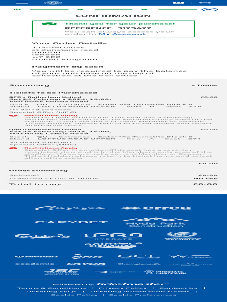 Confirmation Page - QPR Online Box Office | PDF