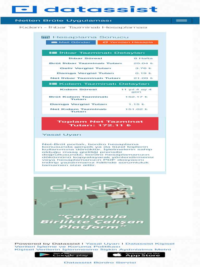 Netten Brüte, Brütten Nete, Kıdem-İhbar Hesaplaması Datassist | PDF