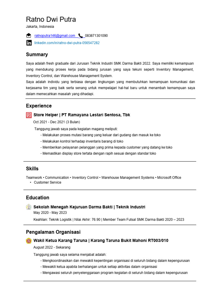 CV Resume Ratno Dwi Putra | PDF | Karier & Perkembangan | Bisnis