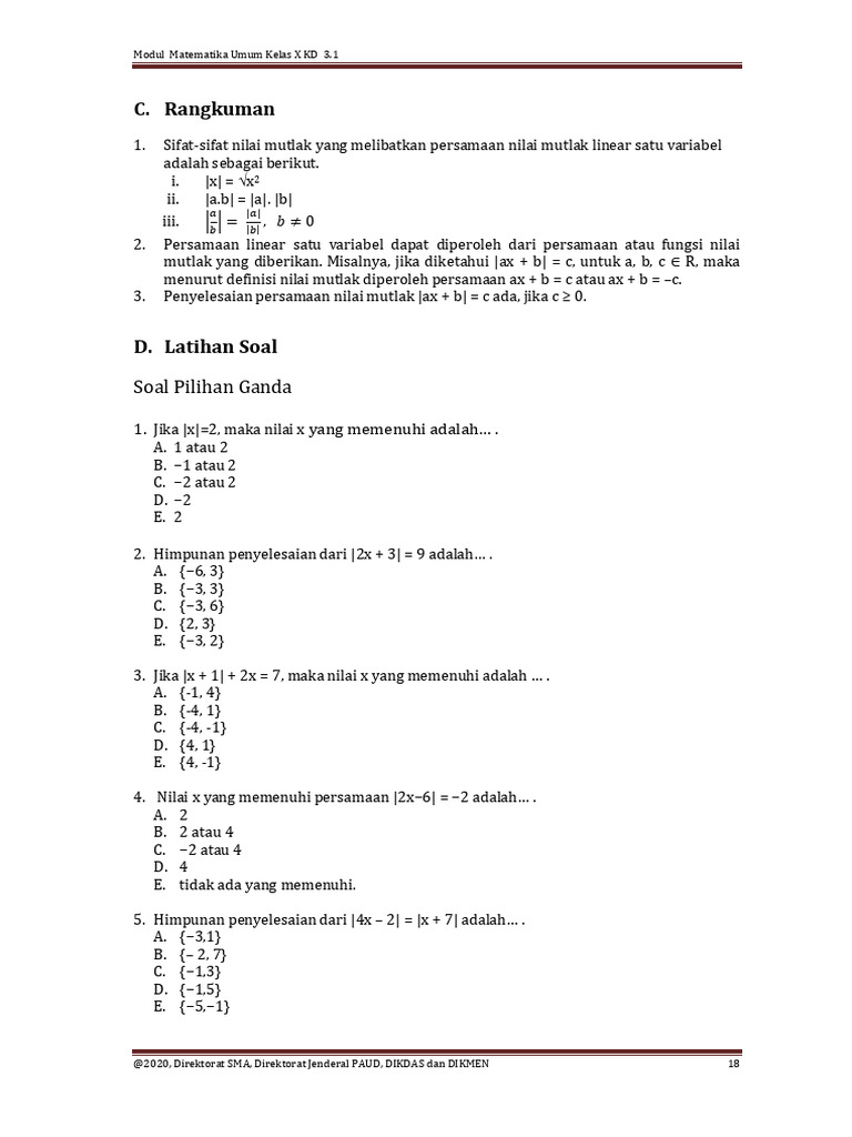 Persamaan Nilai Mutlak Linear Satu Variabel-5-6 | PDF