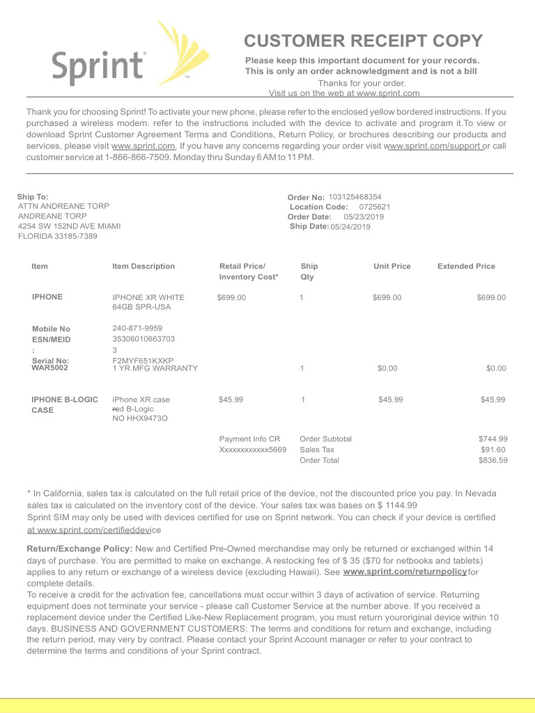 Sprint 2019 XR 64GB | PDF | Sprint Corporation | Receipt