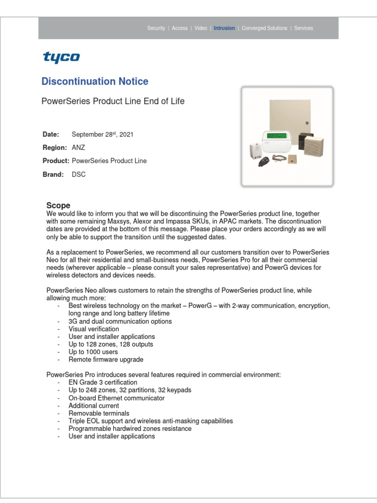 PowerSeries Product Line EOL Notice | PDF | Computing | Computer Engineering