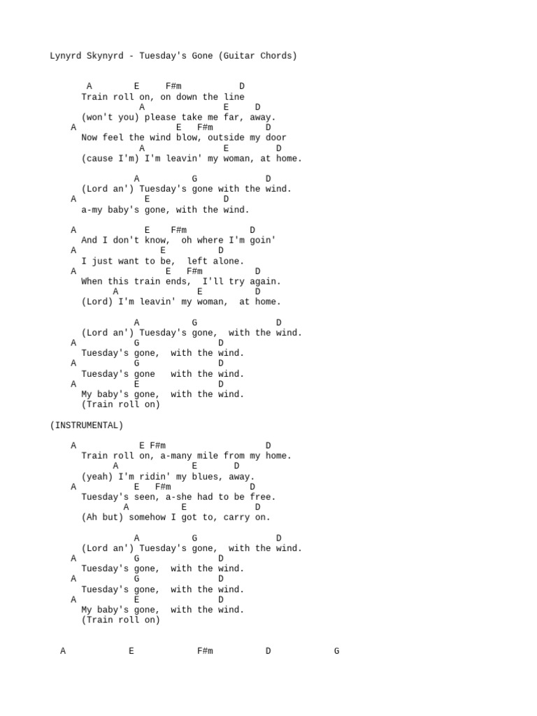Tuesday's Gone Guitar Chords Guide | PDF