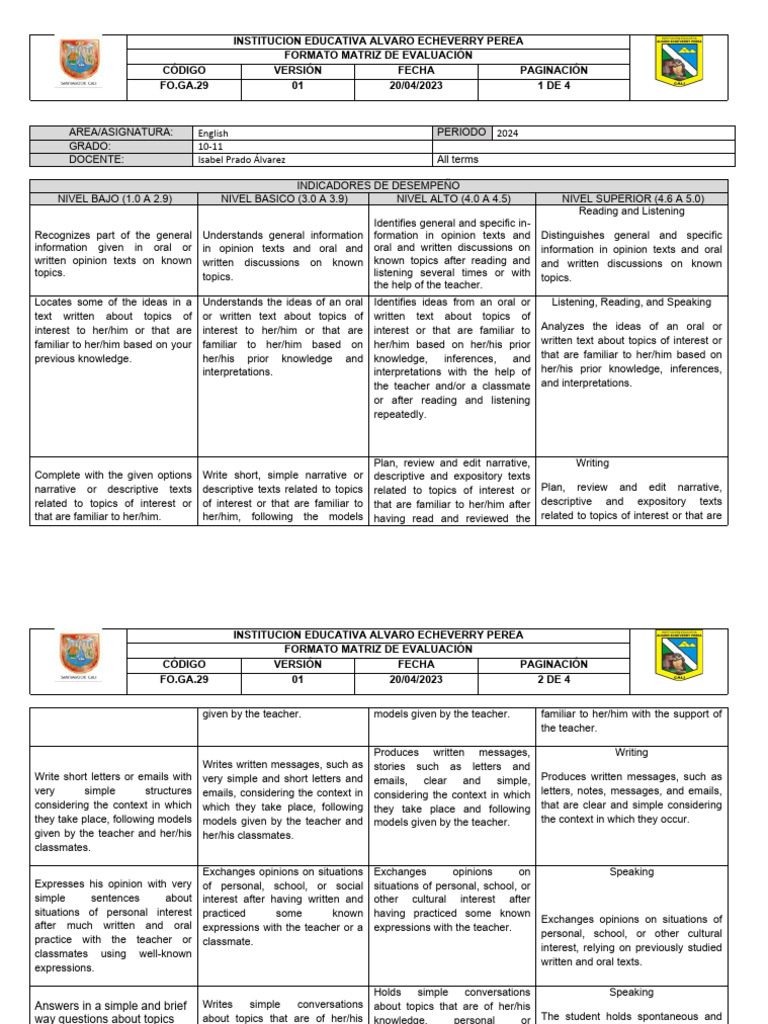 English 2024 Matriz de Evaluación Grados 10-11 | PDF | Vocabulary ...