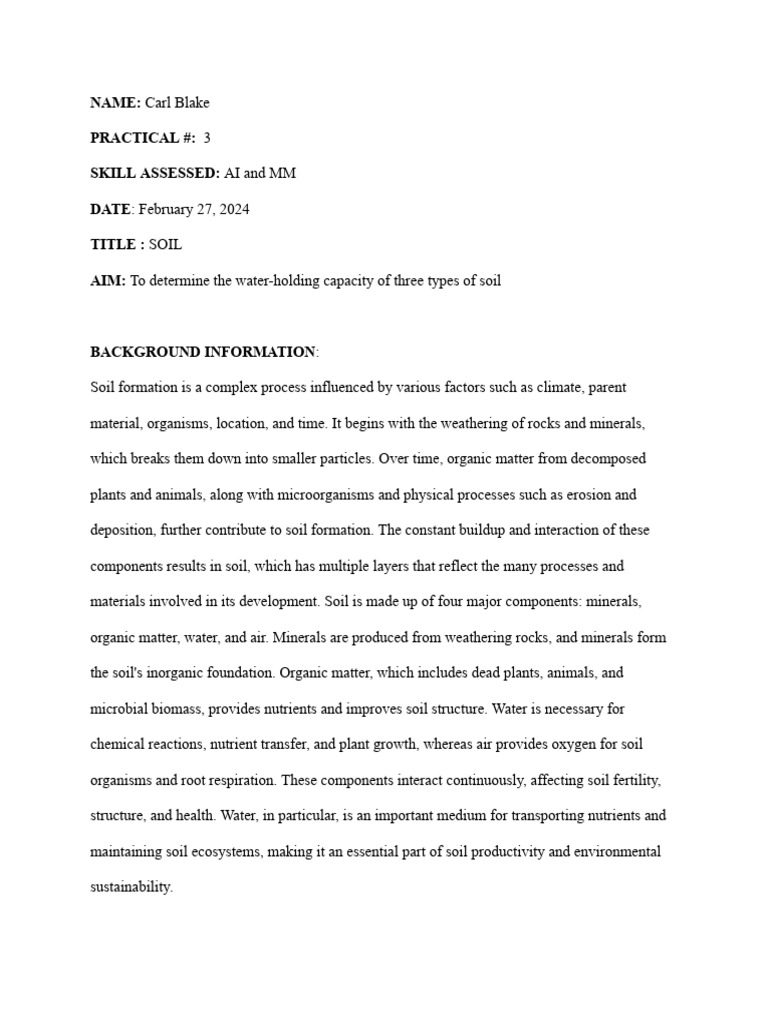 CARL BLAKE - Practical 3 - SOIL | PDF | Soil | Organic Matter