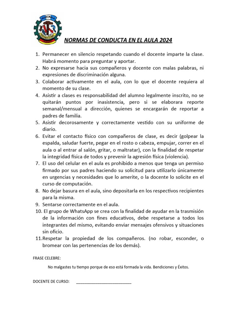 NORMAS DE CONDUCTA EN EL AULA 2024 | PDF