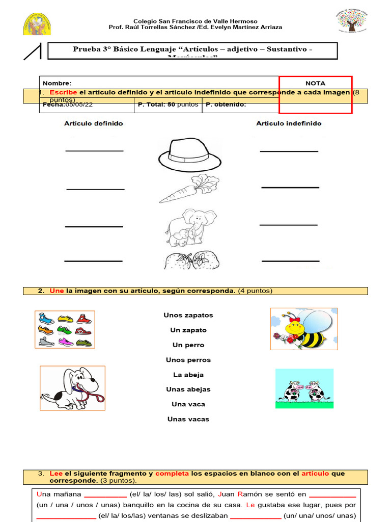 AD Evaluacion Lenguaje 3° Árticulos, Adjetivos y Sustantivo | PDF