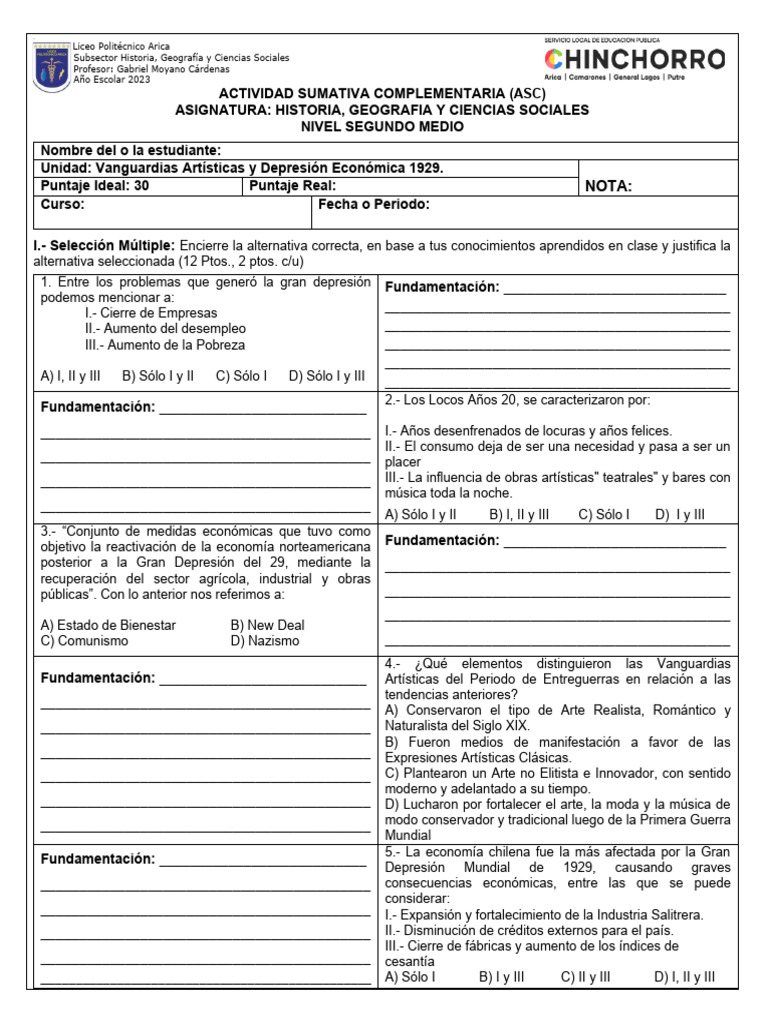 ACTIVIDAD SUMATIVA COMPLEMENTARIA - ITEM 1 - SEGUNDO MEDIO | PDF | Gran depresion | Economias