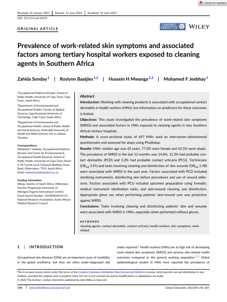 Work-Related Skin Symptoms in Health Workers | PDF | Allergy | Dermatitis