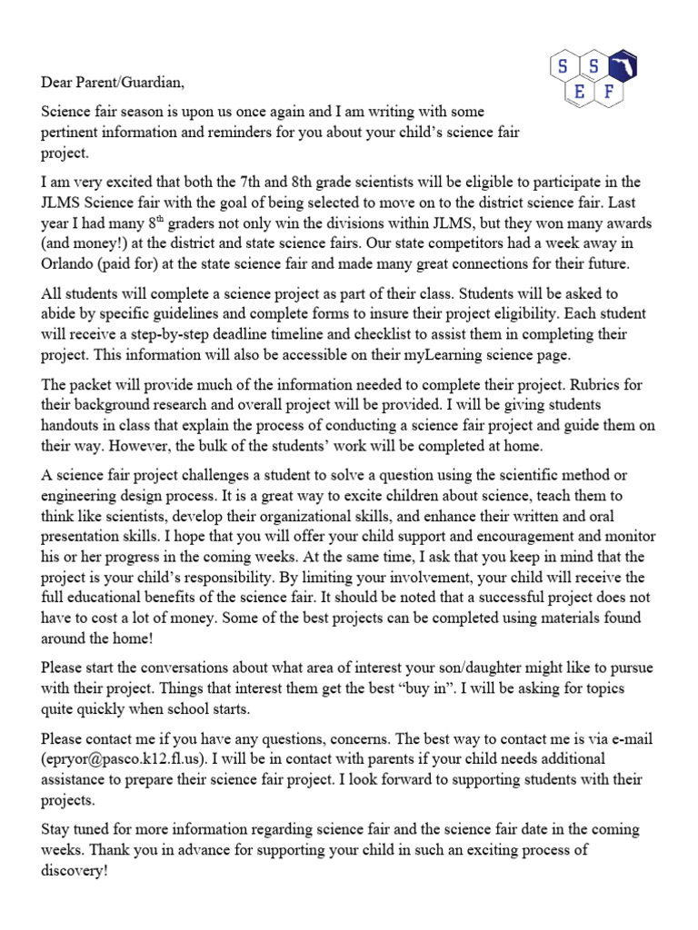 Science Fair Parent Letter | PDF | Science | Cognition