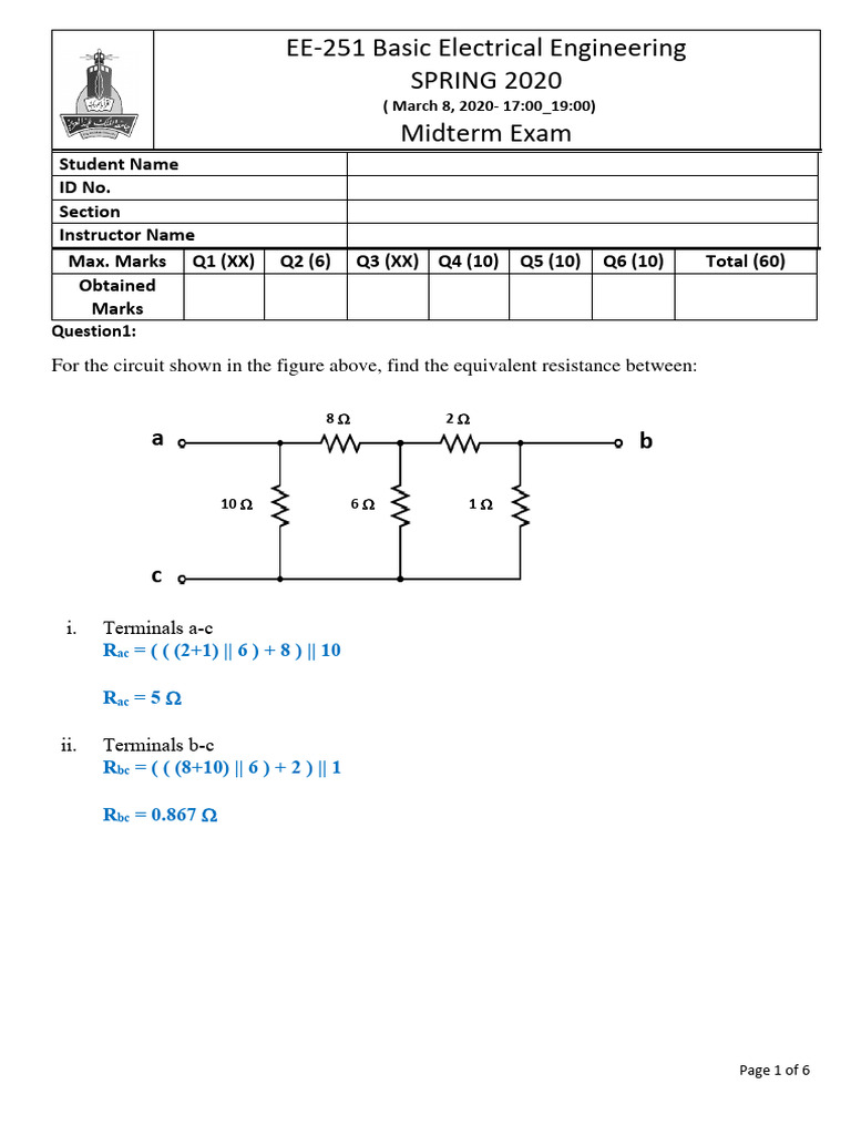 2020-Spring - Midterm Exam | PDF | Electrical Network | Analog Circuits