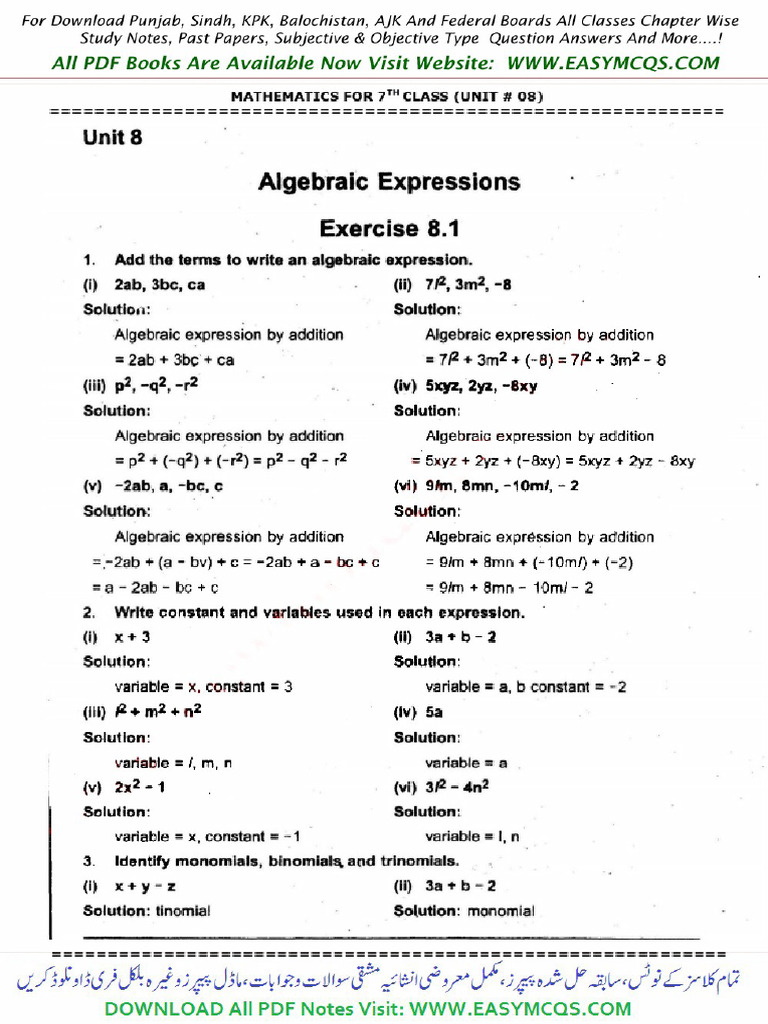 7th Punjab Board Mathematics EM 2020 Notes Unit 8 | PDF