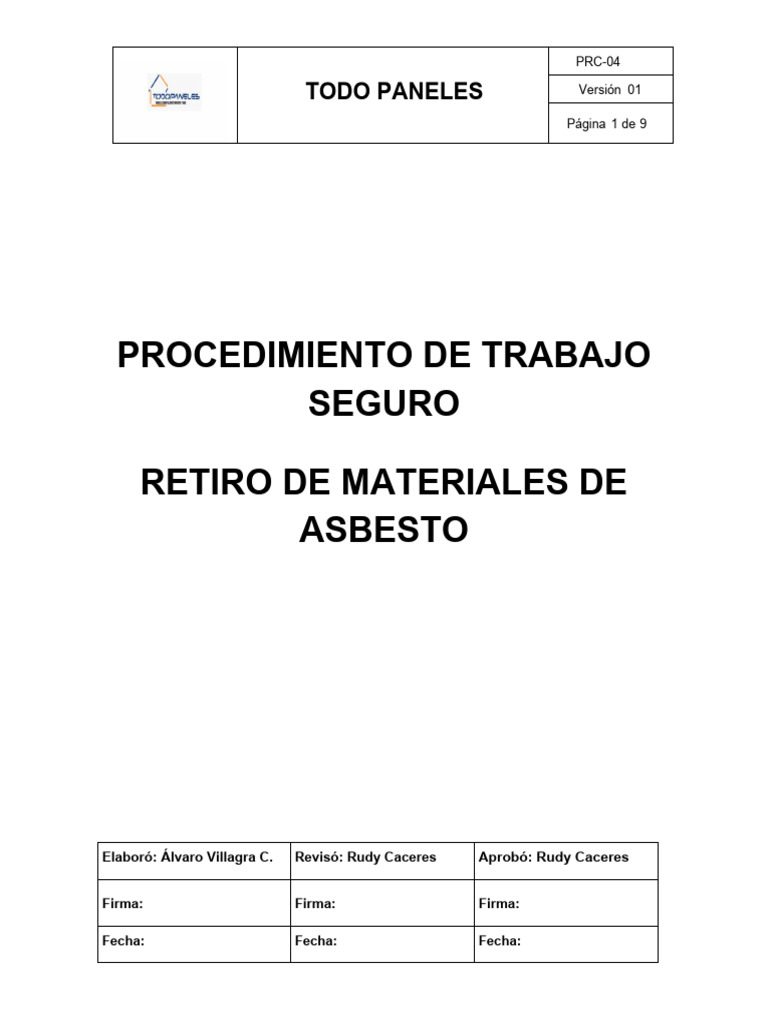 PRC-04 Procedimiento de Trabajo Seguro para Retiro de Materiales de Asbesto TODO PANELES | PDF ...