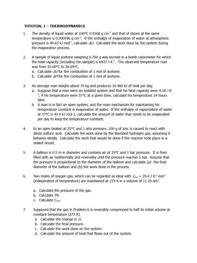 Tutorial 1 - Thermodynamics (2024) | PDF | Gases | Entropy