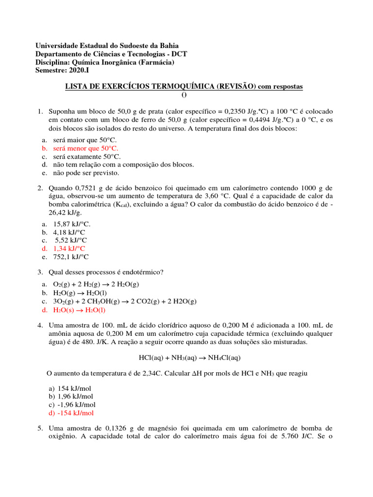 Exercícios 2 Com Respostas-Termoquímica - Revisão e Treino | PDF | Combustão | Entalpia