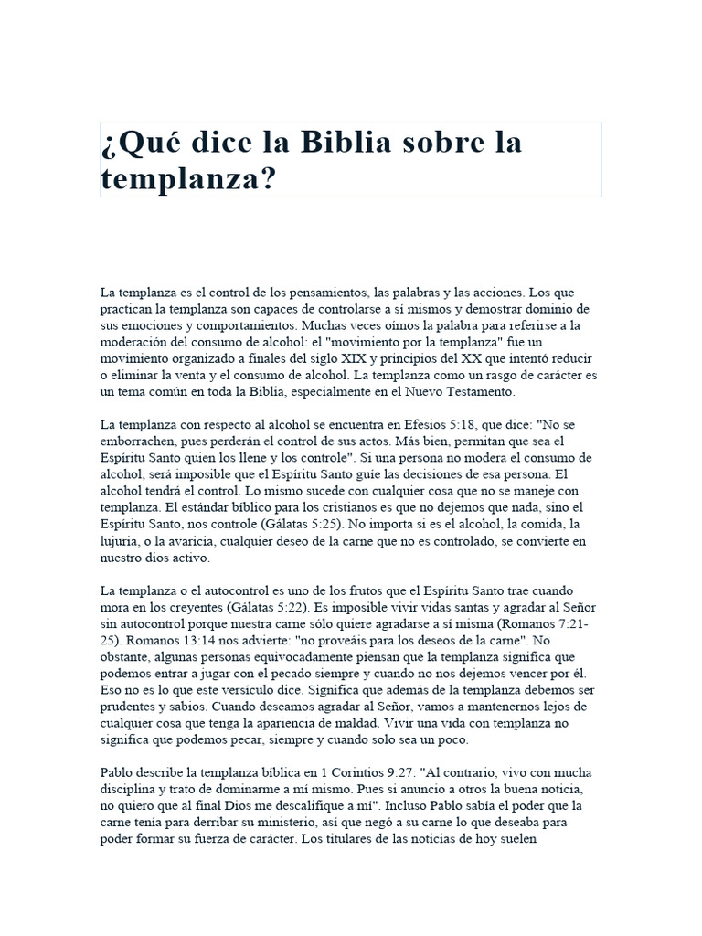 Qué Dice La Biblia Acerca de La Templanza | PDF