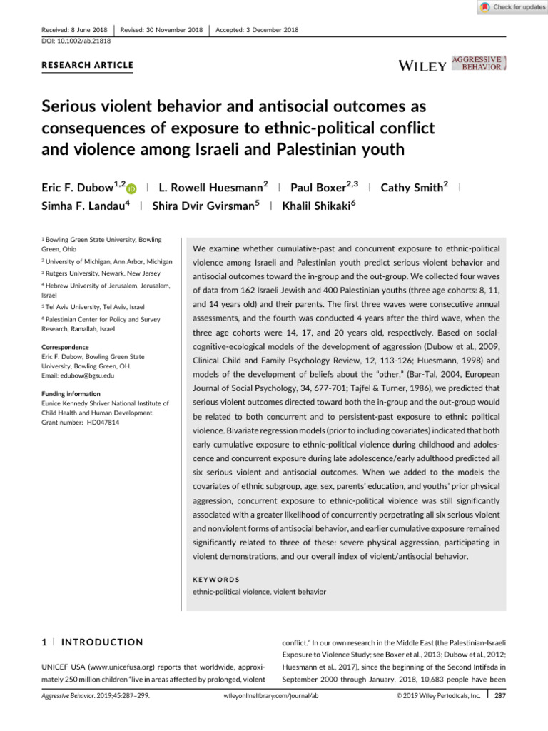 Aggressive Behavior - 2019 - Dubow - Serious Violent Behavior and Antisocial Outcomes As ...