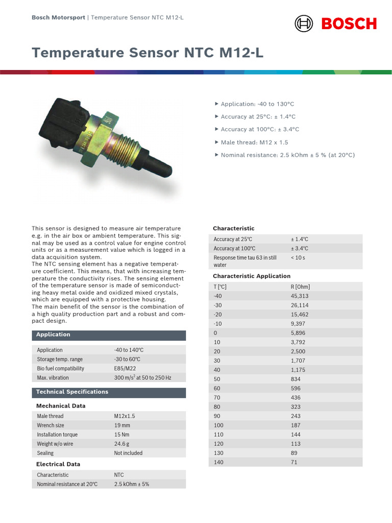 Data Sheet - 70129803 - Temperature - Sensor - NTC - M12-L | PDF ...
