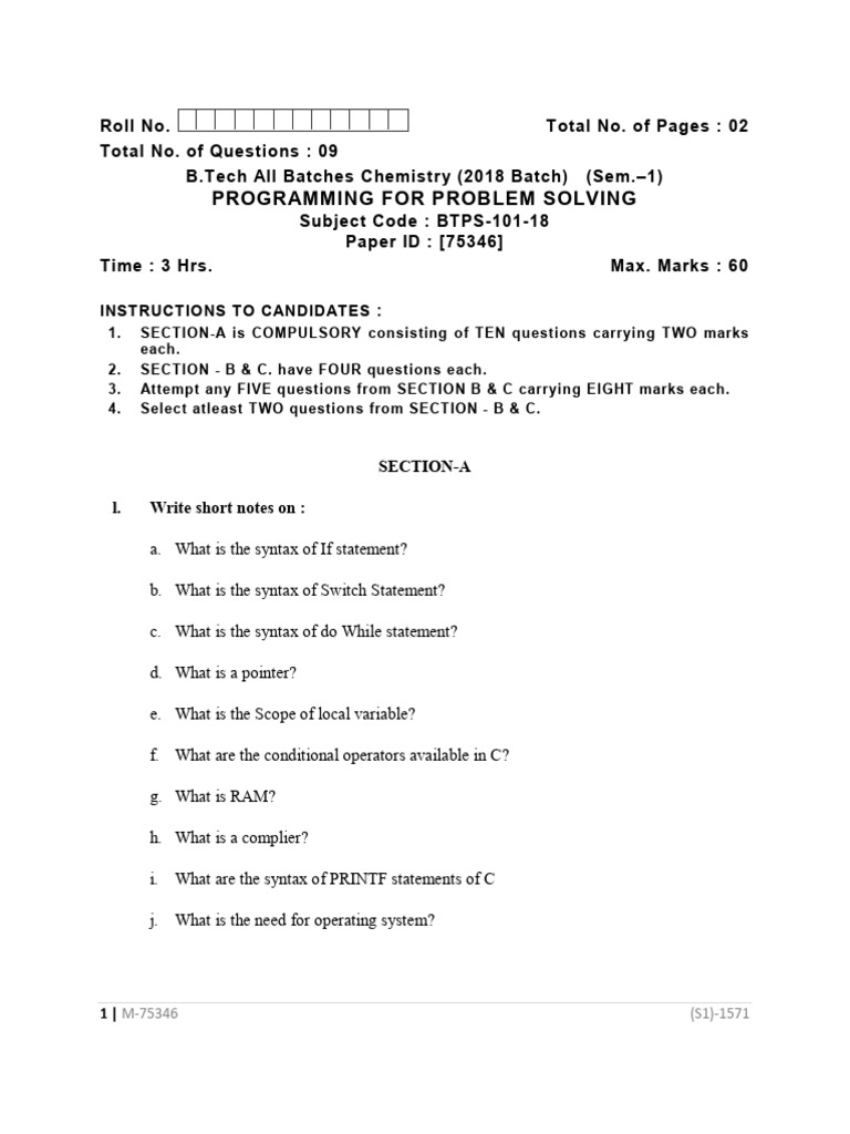 Programming For Problem Solving: Instructions To Candidates | PDF ...