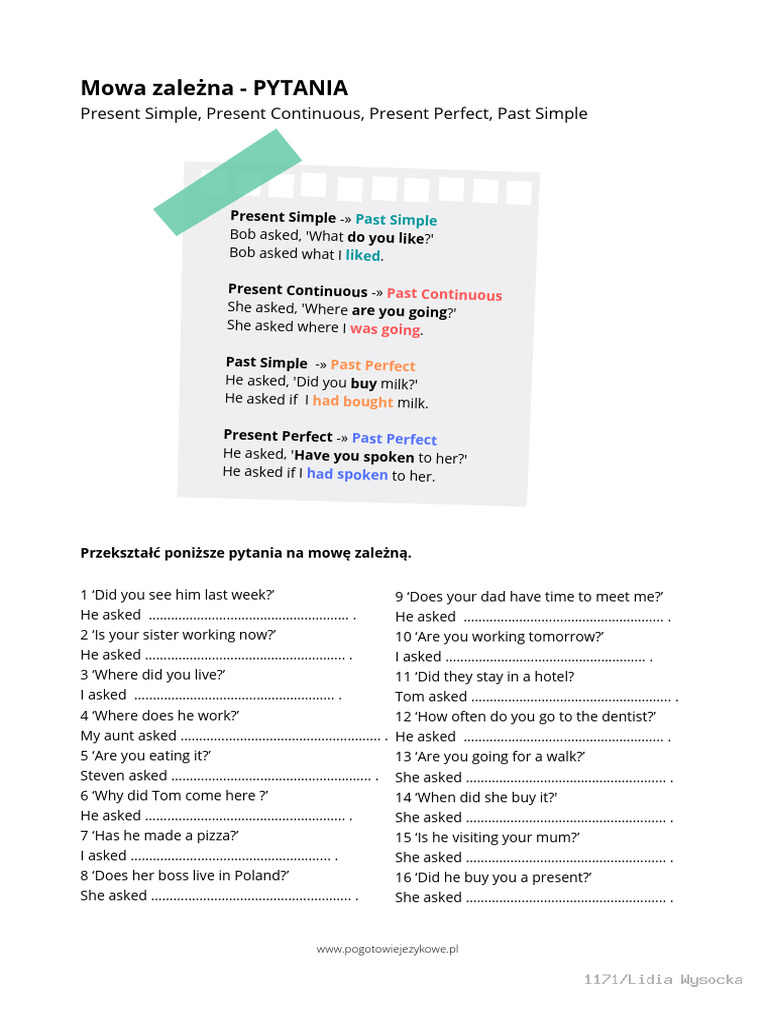 Mowa Zależna: Przykłady Pytań | PDF | Linguistics | Language Mechanics