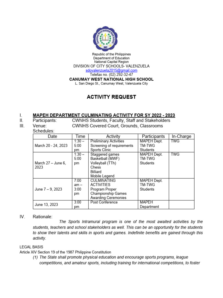 Acivity Request Program Planning For Intramurals 2023 | PDF | Sports