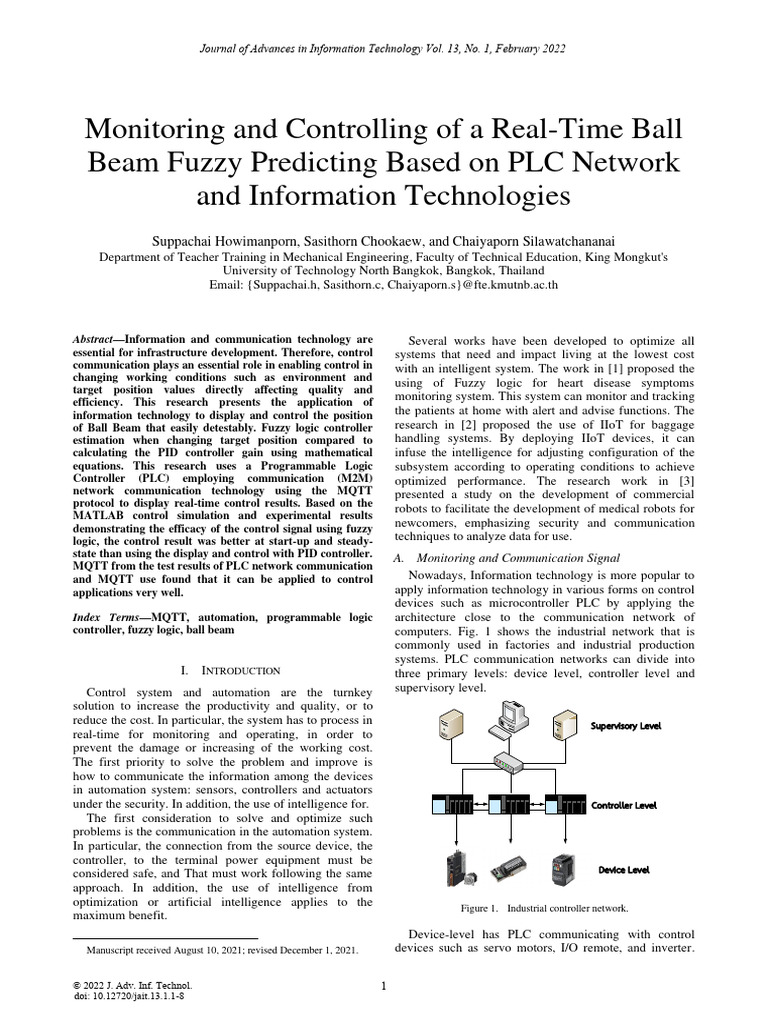 Monitoring and Controlling of a Real-Time Ball Beam Fuzzy Predicting Based on PLC Network and ...