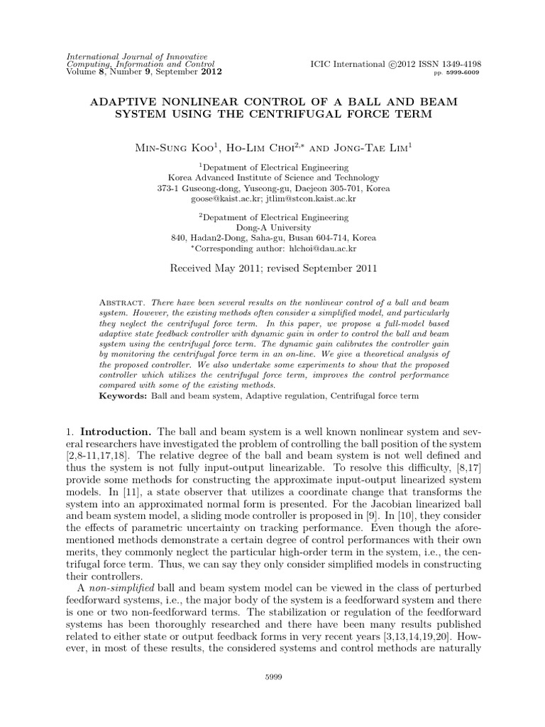 Adaptive Nonlinear Control of A Ball and Beam System Using The Centrifugal Force Ter | PDF ...