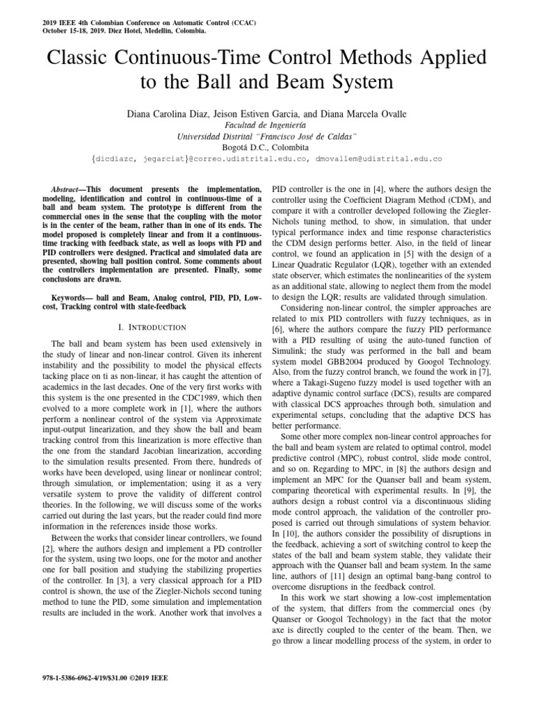 Classic Continuous-Time Control Methods Applied To The Ball and Beam System | PDF | Control ...