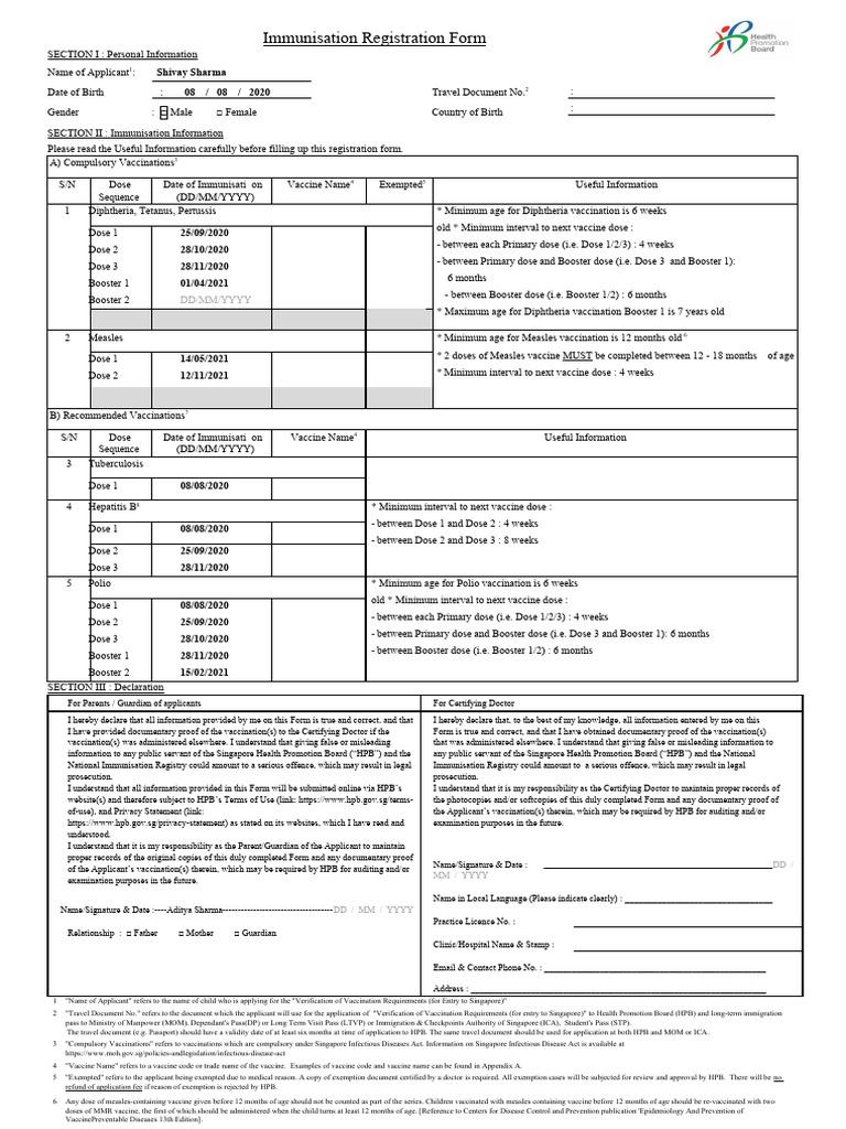Immunisation Form For Foreign Child | PDF | Vaccines | Pediatrics