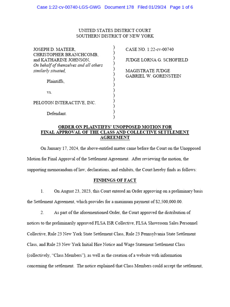 Order Approving Final Settlement | PDF | Settlement (Litigation) | Overtime