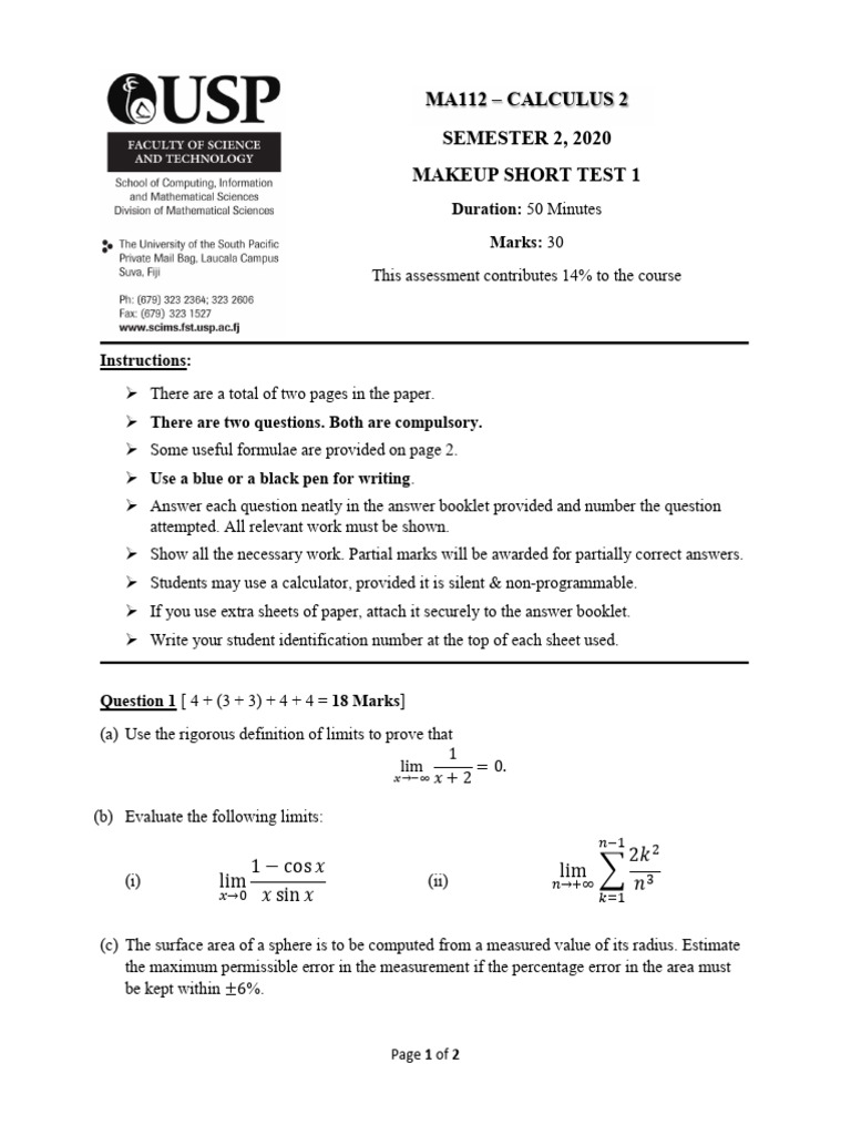 MA112 - Makeup - Test 1 - S2 - 2020 - Questions | PDF | Area ...