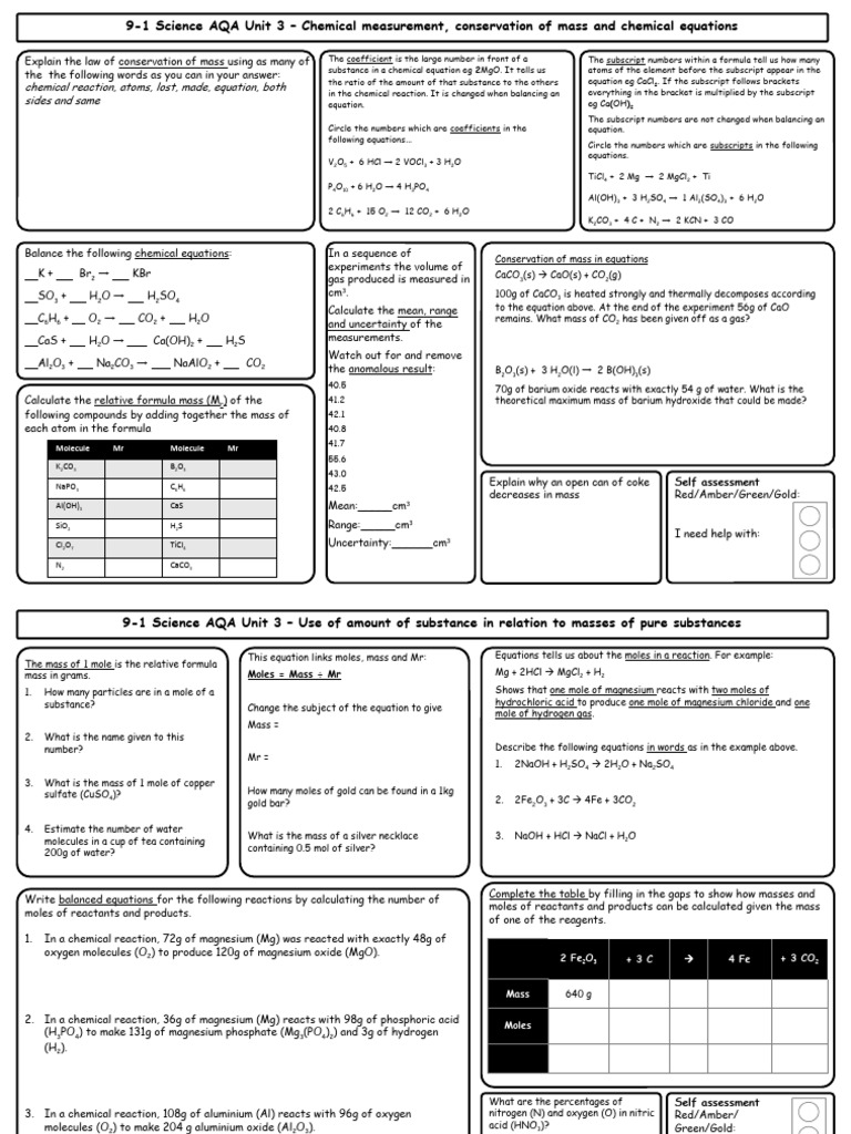 AQA 9 1 Revision Sheets Chemistry Unit 3 GCSE | PDF | Mole (Unit ...