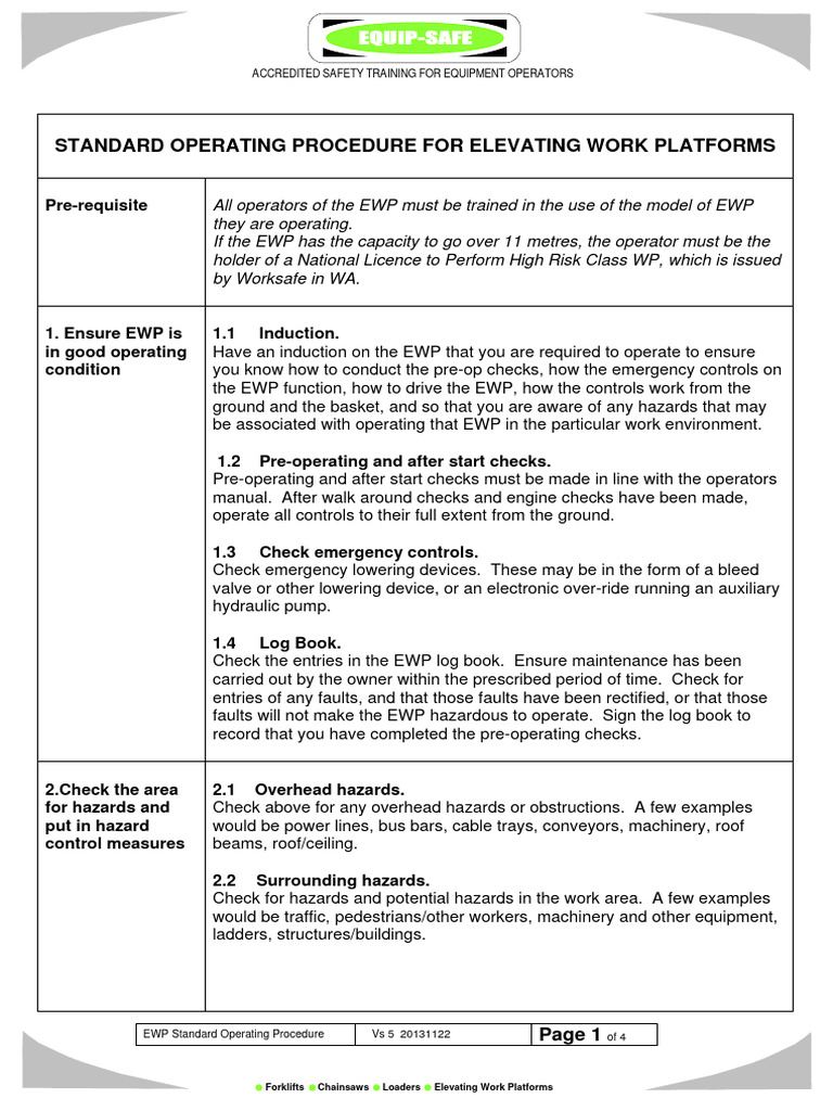 EWP SOP Vs 5 20131122 | PDF | Personal Protective Equipment | Hazards