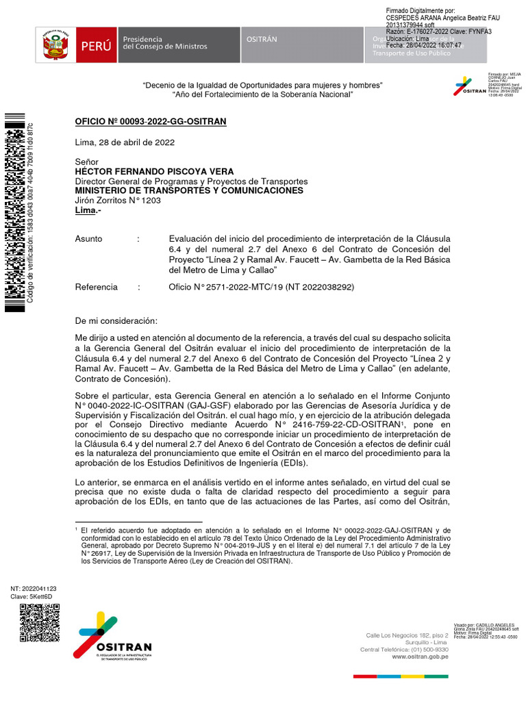 Oficio 00093 2022 GG Ositran | PDF | Concesión (contrato)