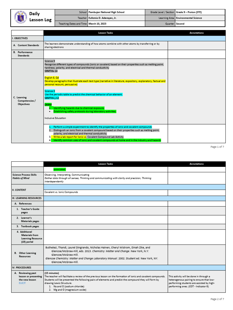 DLL Science 9 Ionic and Covalent Compounds | PDF | Chemical Compounds ...