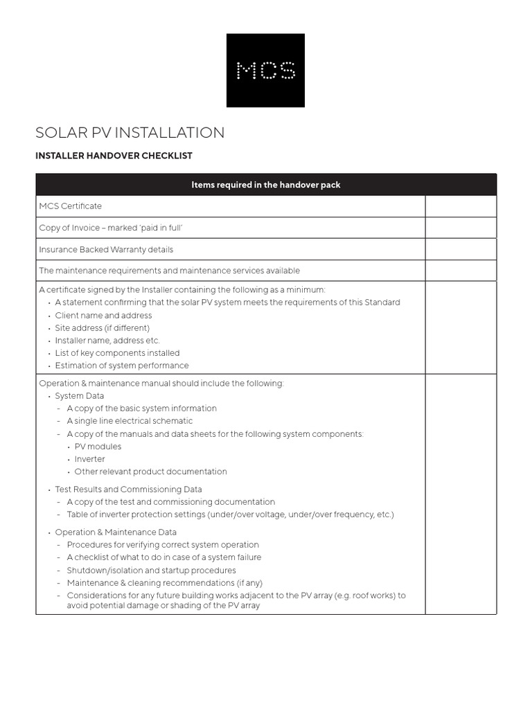 MCS Installation Handover Checklist Solar PV | PDF