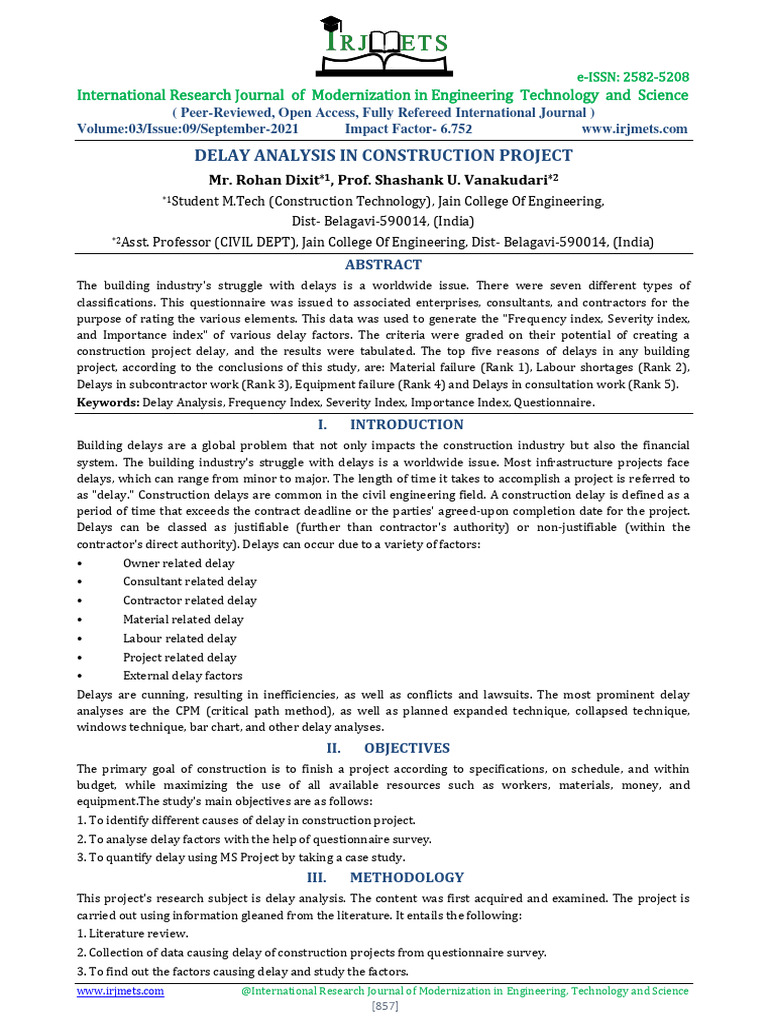 Delay Analysis In Construction Project Pdf Academic Journal Open